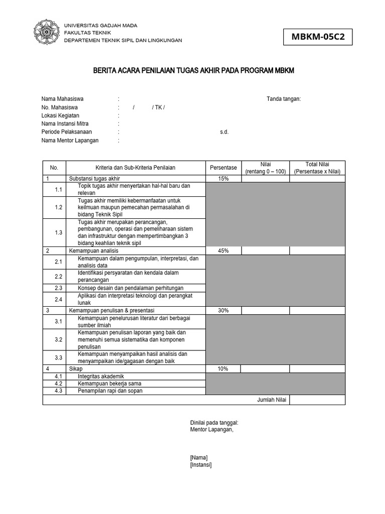 MBKM-05C2 (Form Penilaian Tugas Akhir - Mentor) | PDF