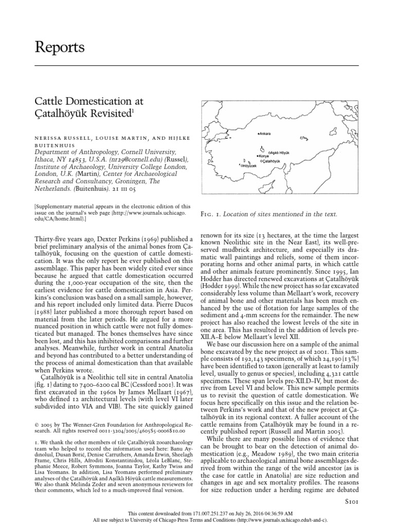 Cattle Domestication at Çatalhöyük Revisited | PDF | Cattle