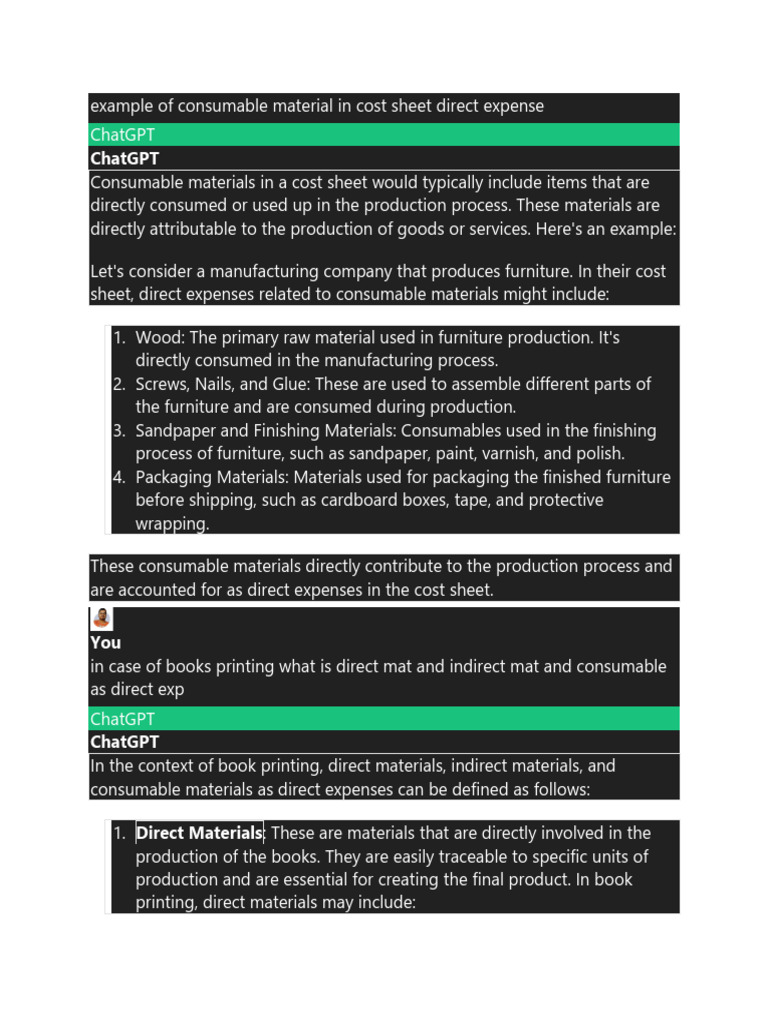 Example of Consumable Material in Cost Sheet Direct Expense | PDF ...