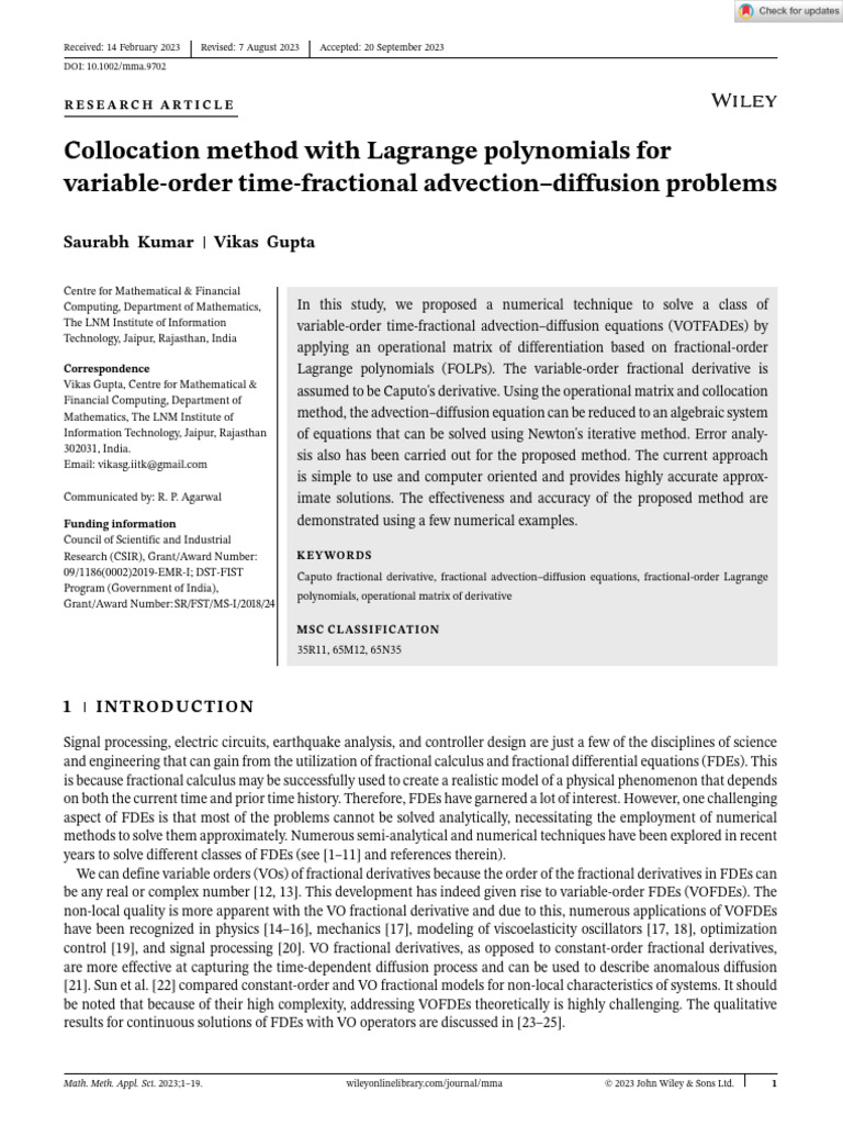 Math Methods in App Sciences - 2023 - Kumar - Collocation Method With Lagrange Polynomials For ...