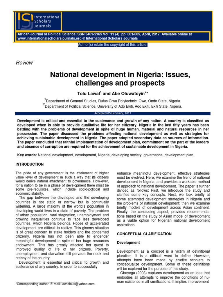 National Development in Nigeria Issues Challenges and Prospects | PDF ...