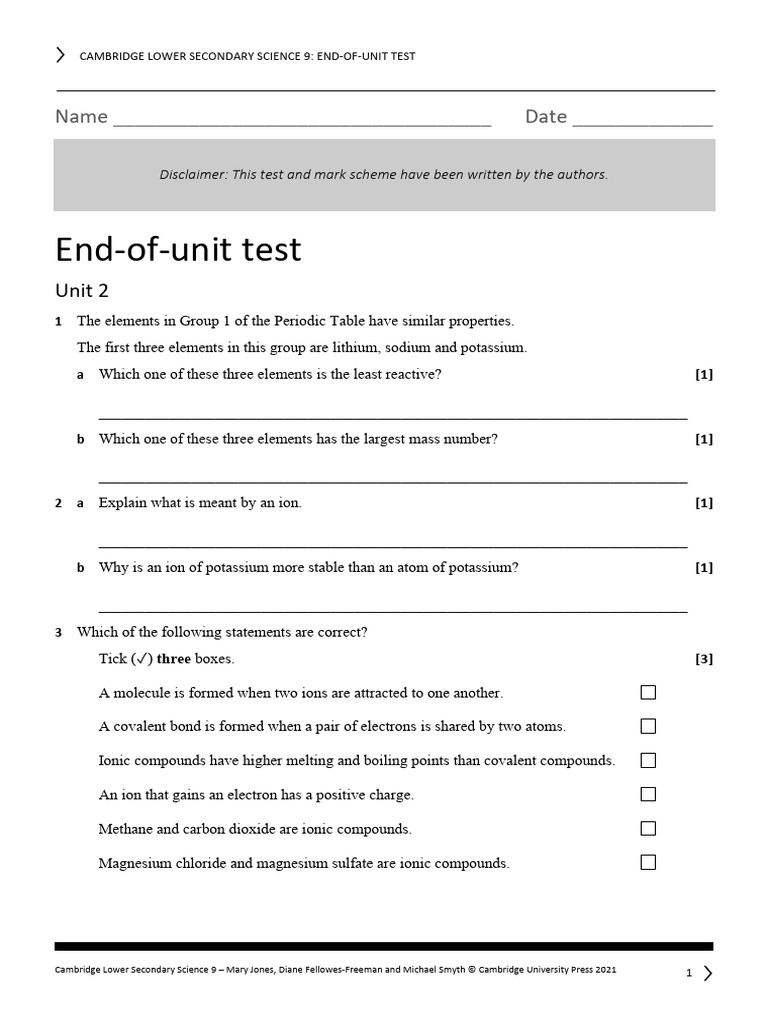 End-of-Unit Test: Science 9 Unit 2 | PDF | Chemical Compounds | Ionic ...