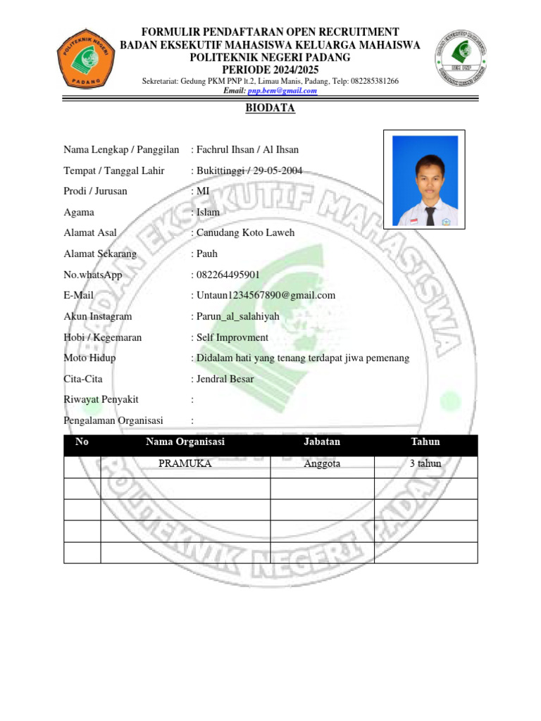 Formulir Pendaftaran Calon Staf Bem KM PNP Periode 2425 | PDF | Karier & Perkembangan