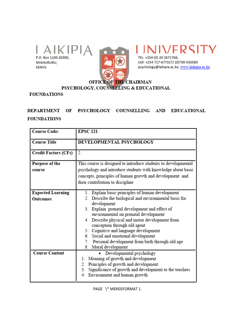Final EPSC 121 DEVELOPMENTA PSYCHOLOGY course outline | PDF | Developmental Psychology | Psychology