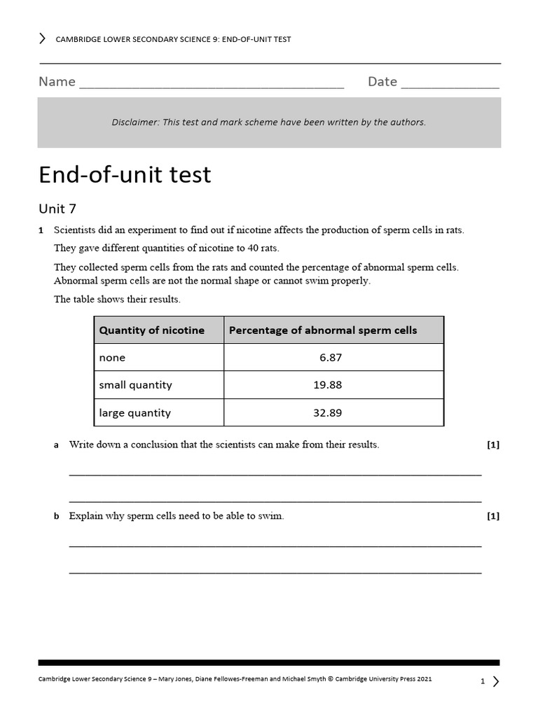S9 - End-Of-Unit 7 Test | PDF | Heredity | Sperm