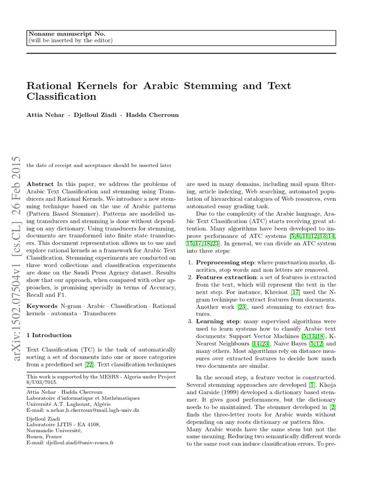 2015 Rational Kernels For Arabic Stemming And Text Classification 1502 07504 Pdf Linguistics