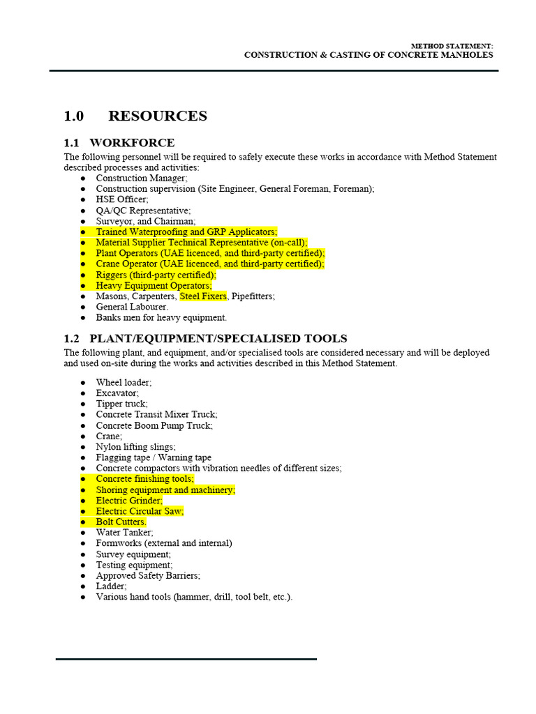 Method Statement Construction & Casting of Concrete Manholes P-2 | PDF ...