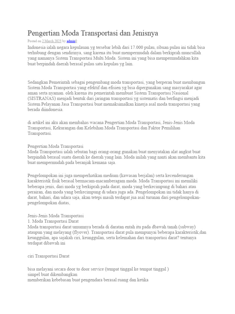 Pengertian Moda Transportasi Dan Jenisnya | PDF