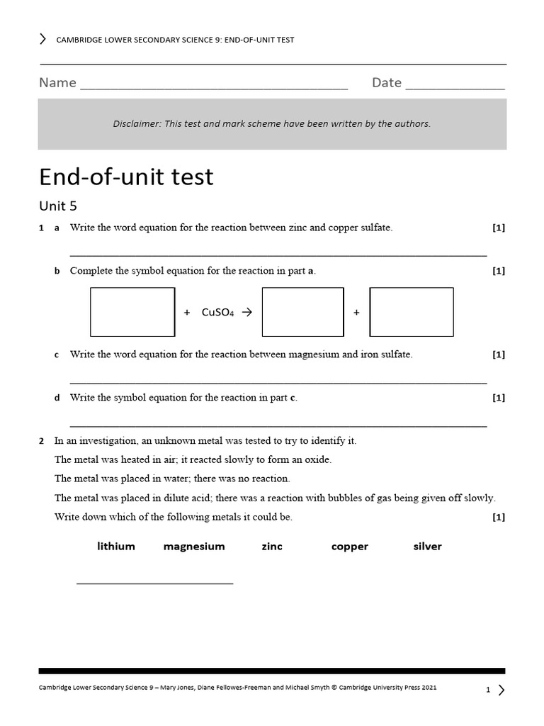 S9 End Of Unit 5 Test Pdf Atoms Materials