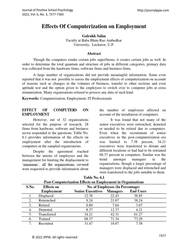 Effects of Computerization On Employment: Journal of Positive School ...