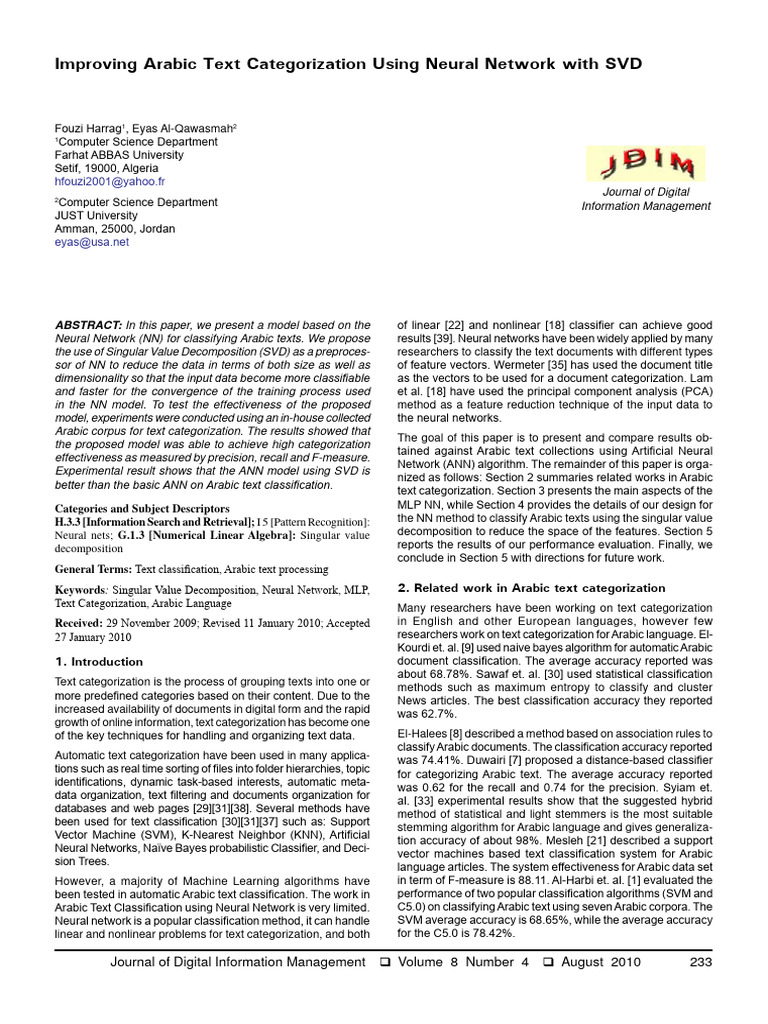 2010 - Improving Arabic Text Categorization Using Neural Network With SVD | PDF | Artificial ...