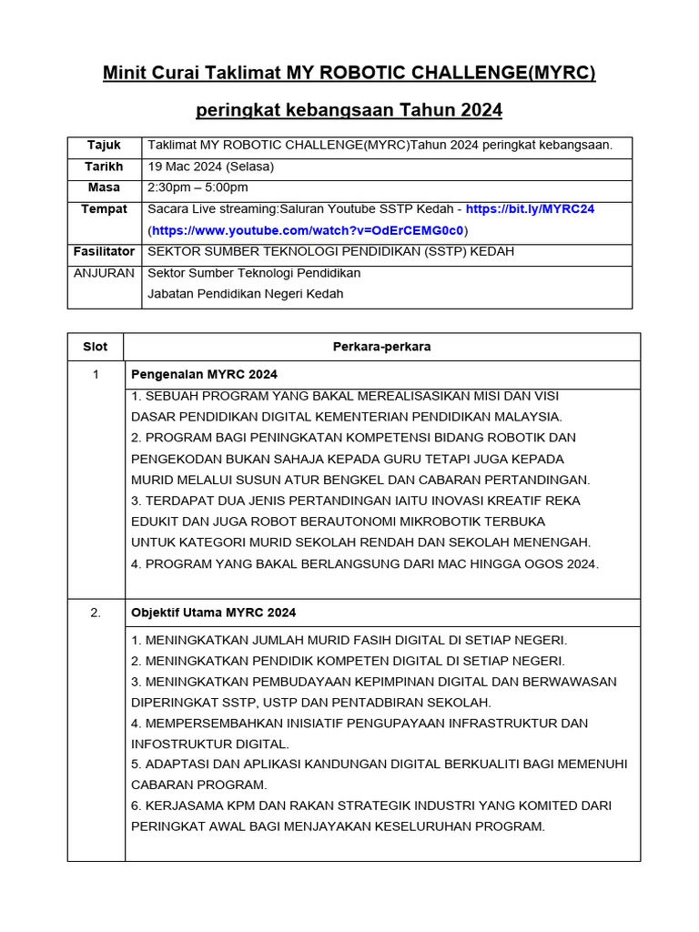 MINIT CURAI-Taklimat MY ROBOTIC CHALLENGE (MYRC) | PDF