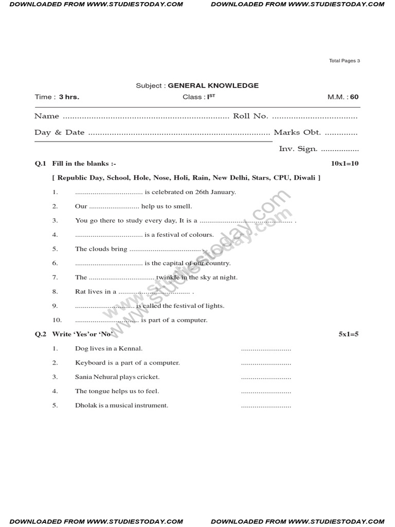 CBSE Class 1 GK Question Paper Set B - 0 | PDF