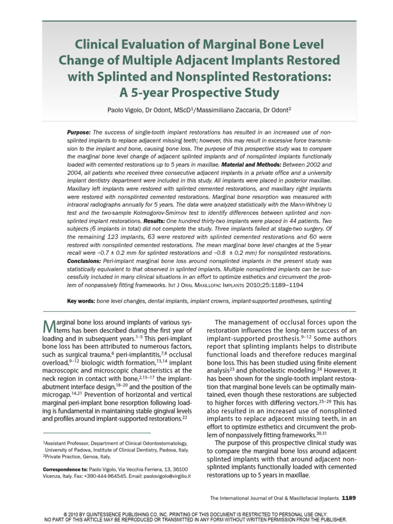 Vigolo, Zaccaria - 2010 - Clinical Evaluation of Marginal Bone Level ...