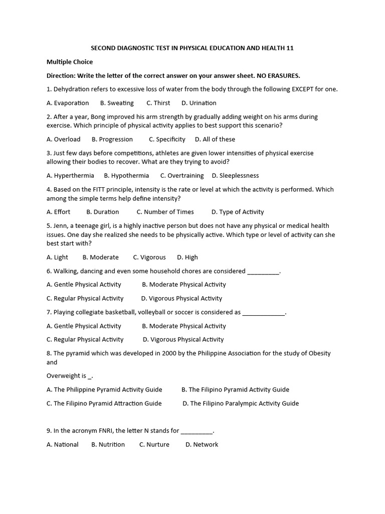 Second Diagnostic Test in Physical Education and Health 11 | PDF ...