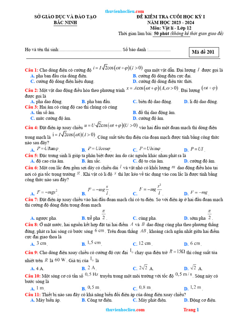 De Thi HK1 Vat Li 12 So GD Bac Ninh 23 24 | PDF