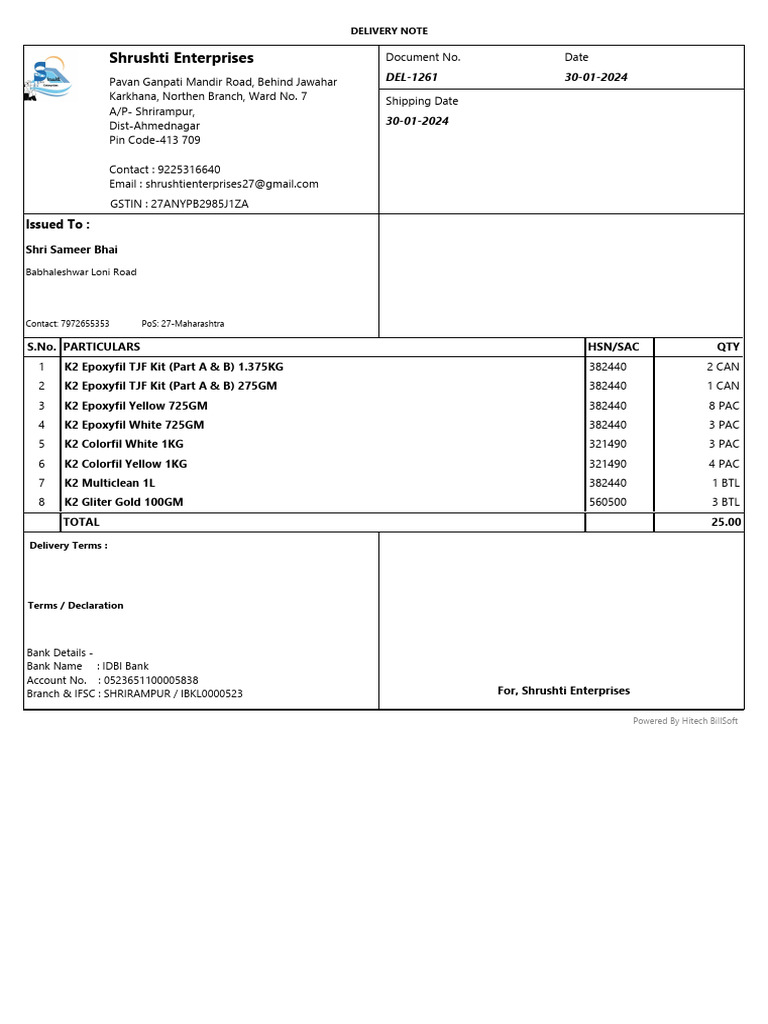 K2 Epoxyfil Delivery Note - DEL-1261 | PDF