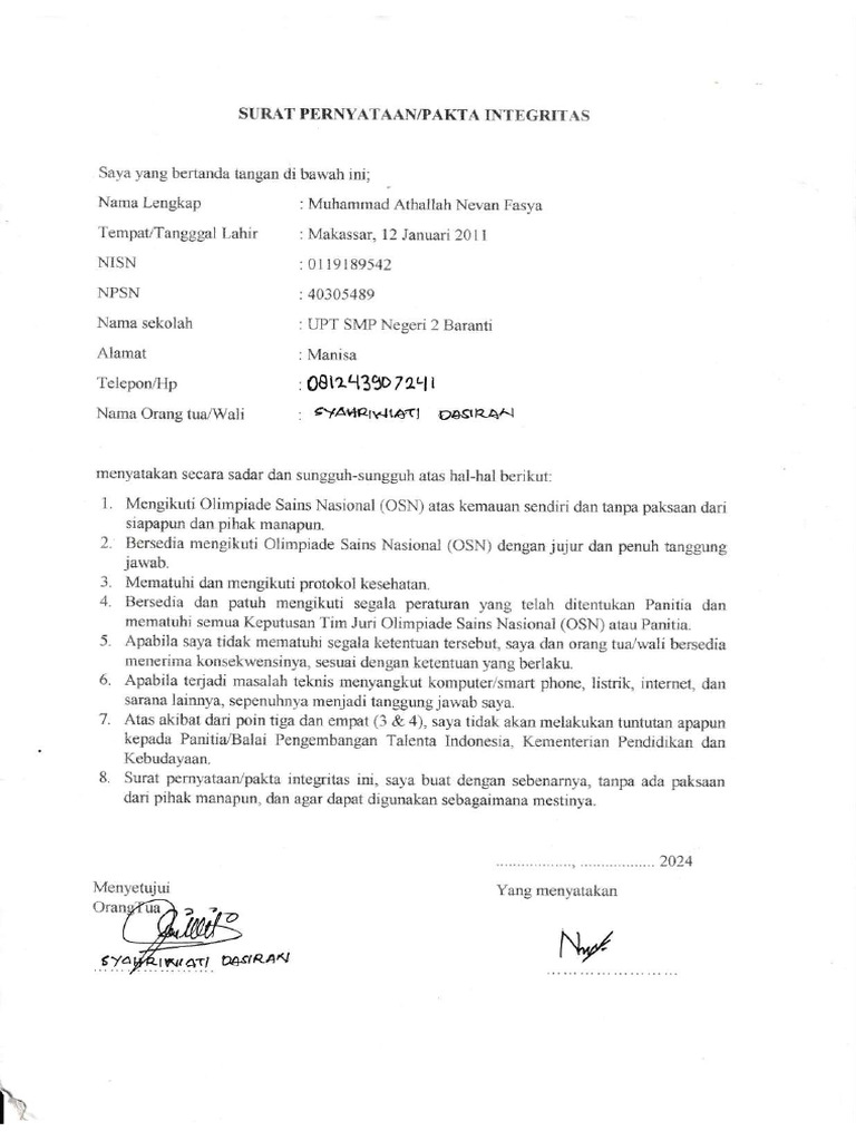 Pakta Integritas Athallah | PDF
