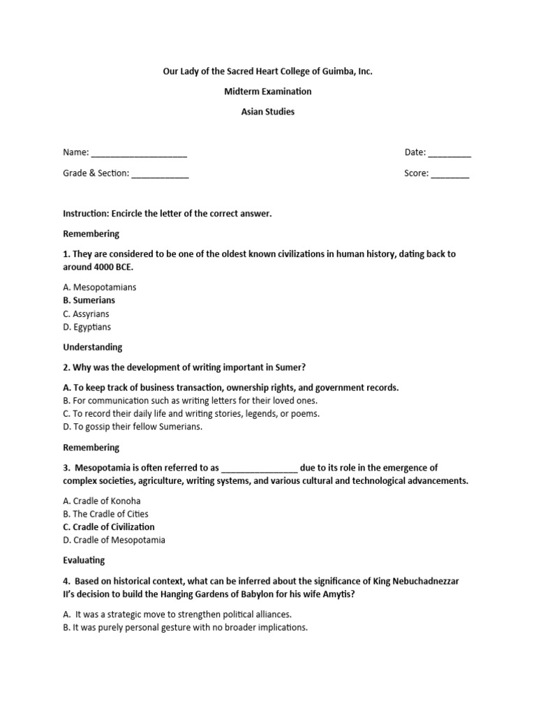 Asian Civilization Test Sse116 | PDF | Sumer