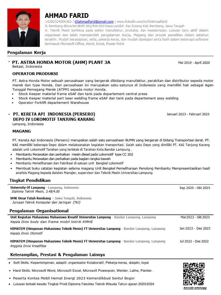 CV - Ahmad Farid D3 Teknik Mesin | PDF