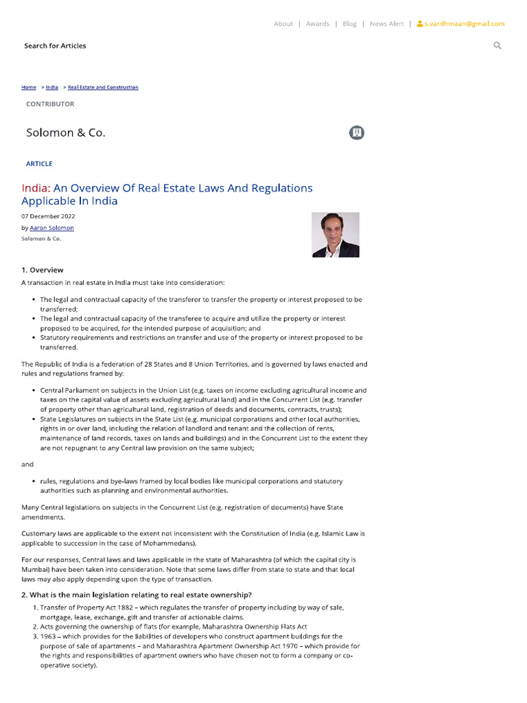 An Overview of Real Estate Laws and Regulations Applicable in India | PDF