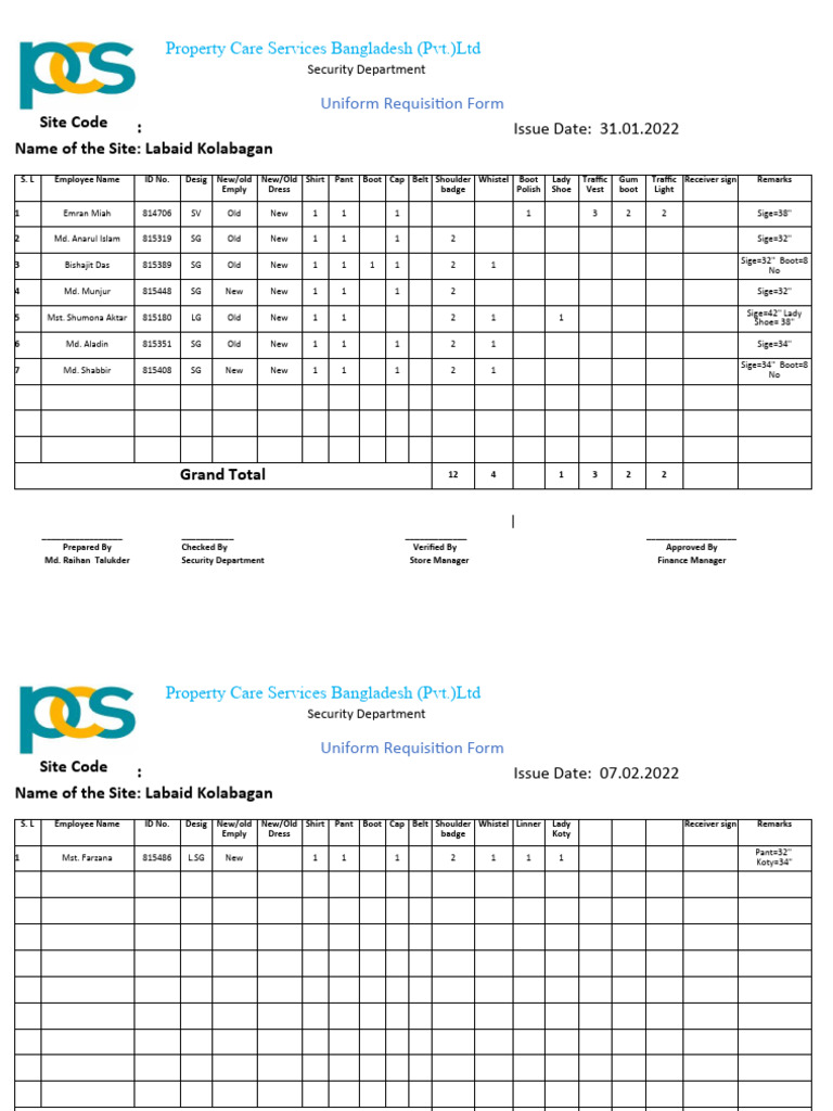 Security Uniform Requisition Forms | PDF | Military Personal Equipment ...