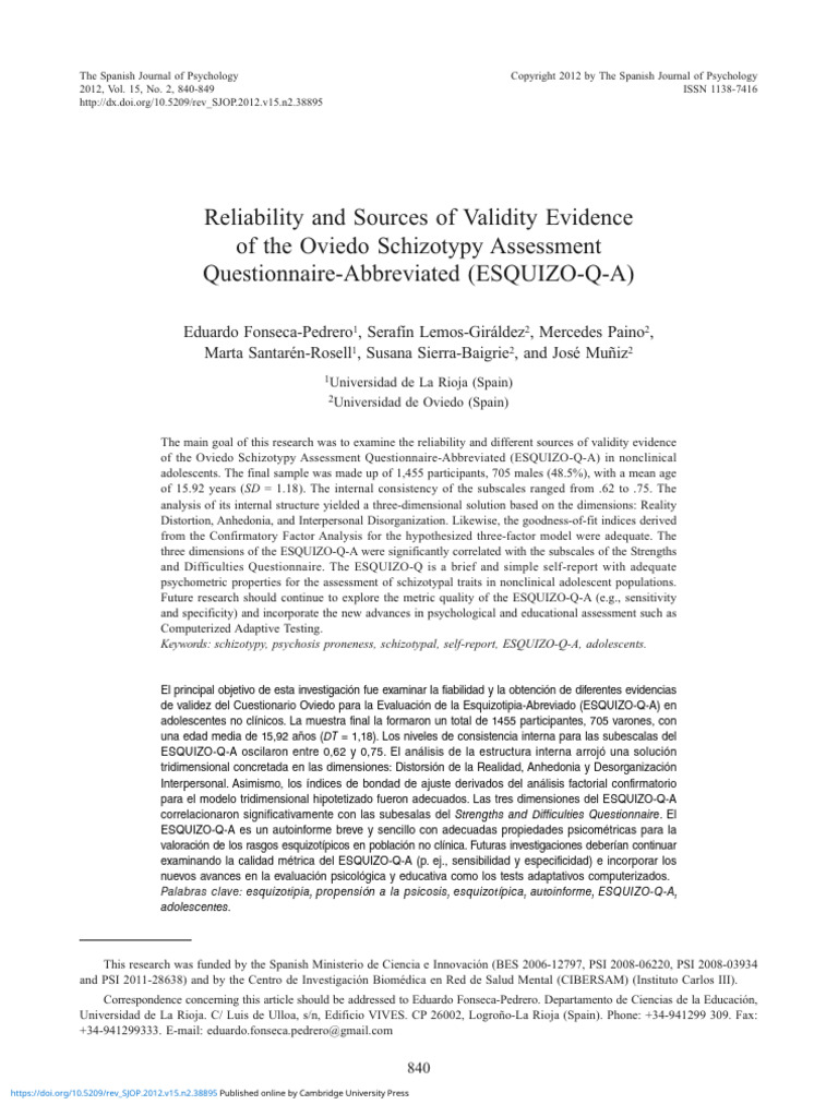 Div Class Title Reliability and Sources of Validity Evidence of The Oviedo Schizotypy Assessment ...
