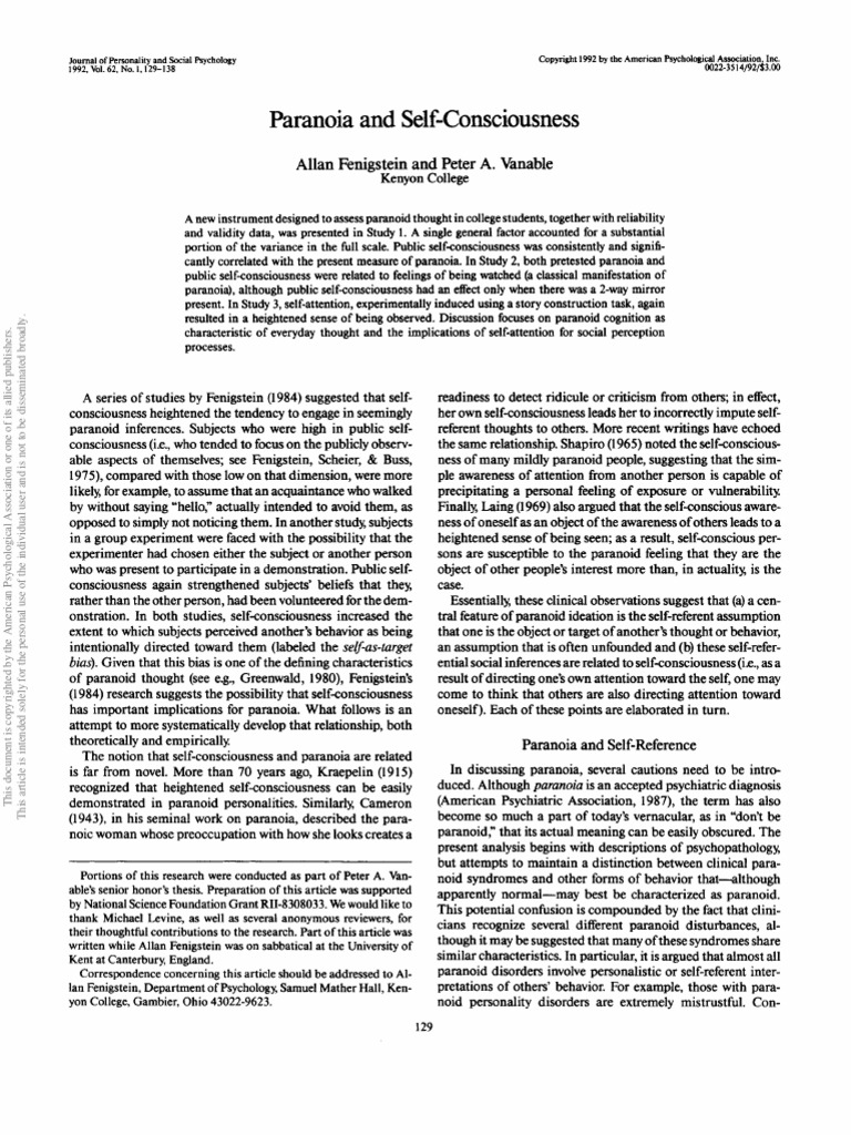 Fenigstein 1992 | PDF | Paranoia | Self Awareness