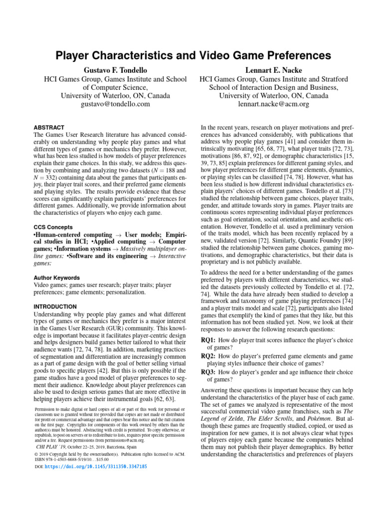 2019 Player Characteristics and Video Game Preferences | PDF | Data ...
