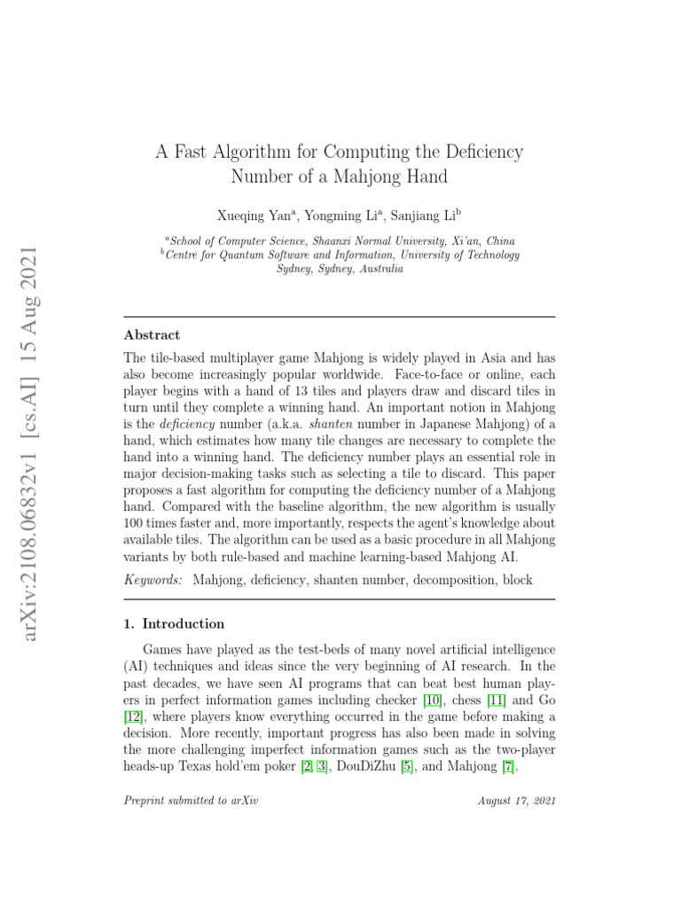 A Fast Algorithm For Computing The Deficiency Number of A Mahjong Hand ...