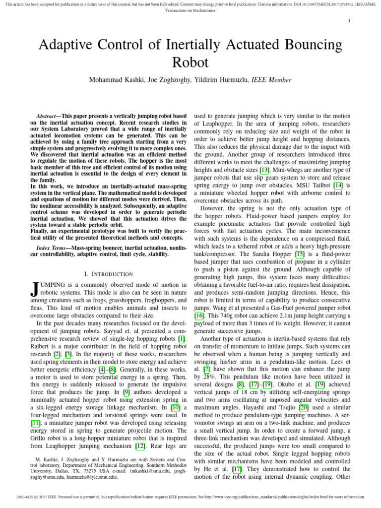 17 - Adaptive Control of Inertially Actuated Bouncing Robot (Important!) | PDF | Force | Actuator