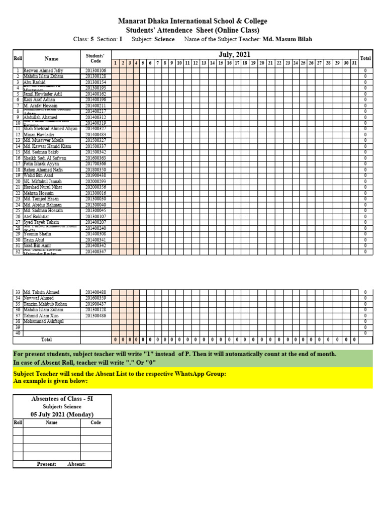 Updated Attendance Sheet of 5I (2021-22) | PDF | Bangladesh