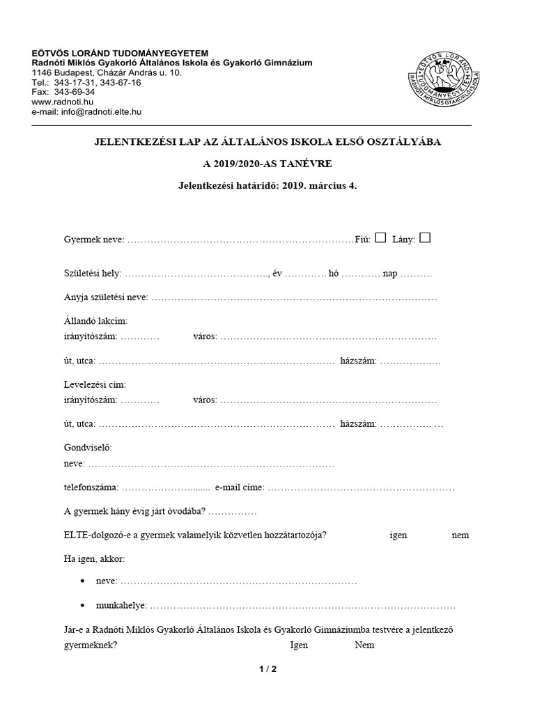 Radnóti Jelentkezési Lap | PDF
