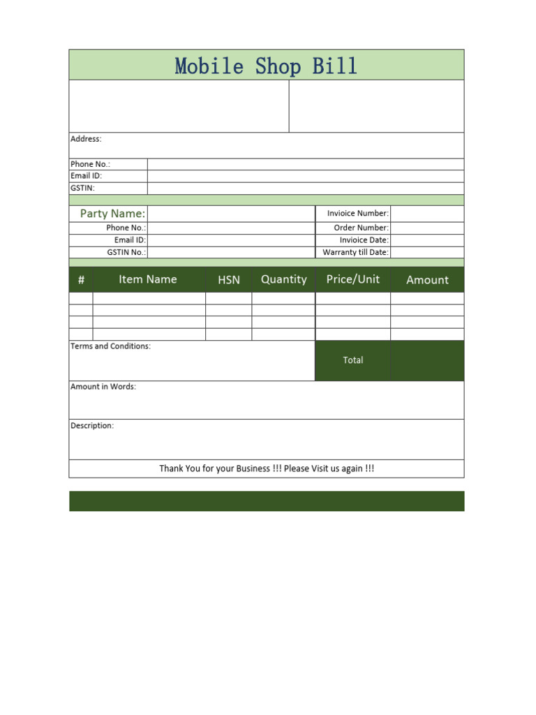 Mobile Shop Bill Format Template | PDF