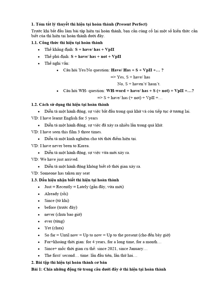 Hiện tại hoàn thành tiếng anh 6 | PDF