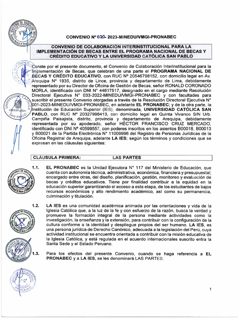 Convenio 20 2023 Minedu Vmgi Pronabec Universidad Catolica San Pablo | PDF
