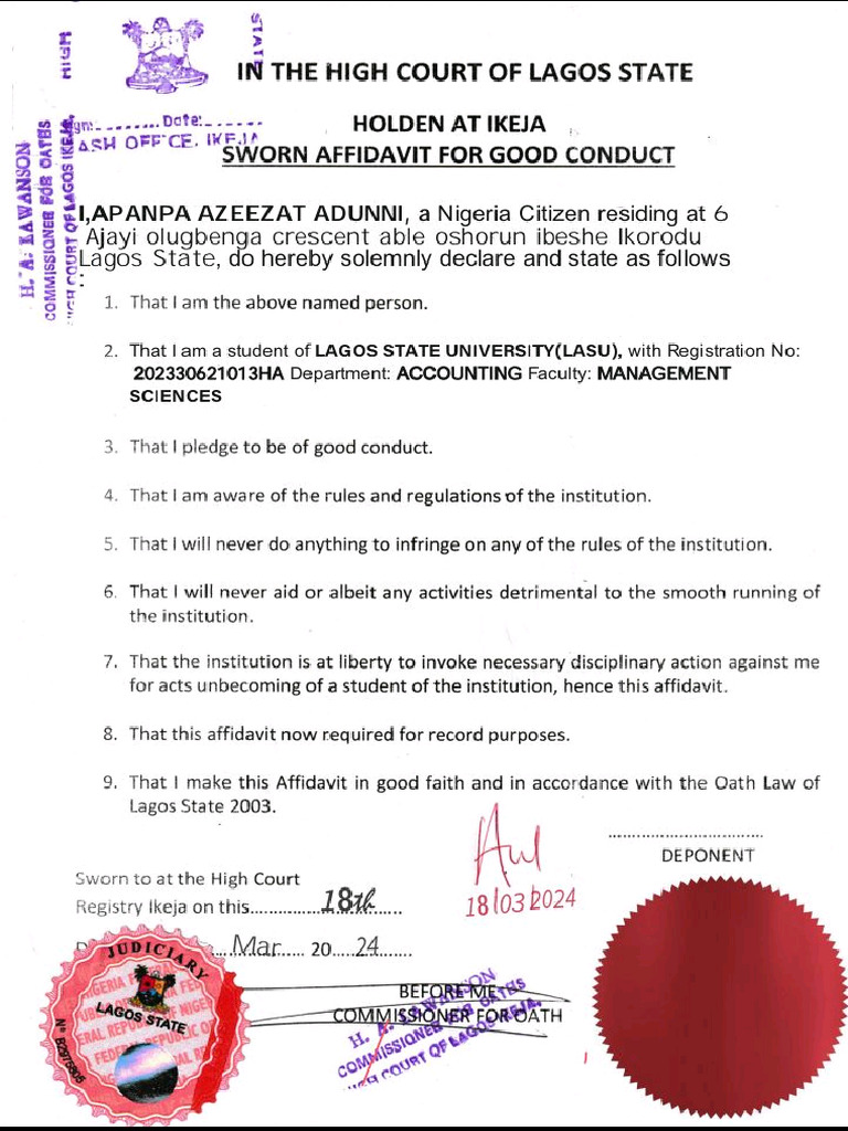 Affidavit For APANPA AZEEZAT ADUNNI | PDF