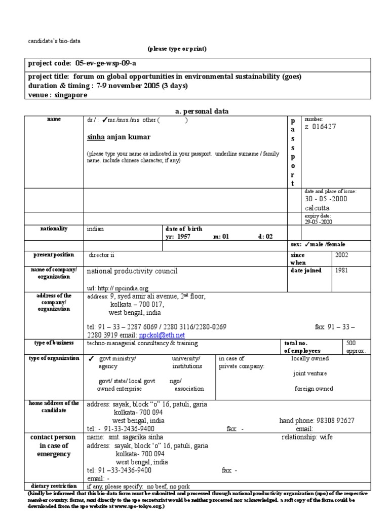 APO Biodata Form-Aks | PDF | Sustainable Development | Employment