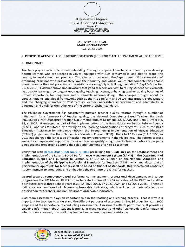 MAPEH FGD Proposal 2023 2024 | PDF | Educational Assessment | Cognition