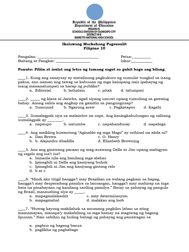 Ikalawang Markahang Pagsusulit Filipino 10 | PDF