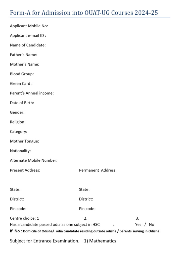OUAT-UG Admission Form A 2024-25 | PDF