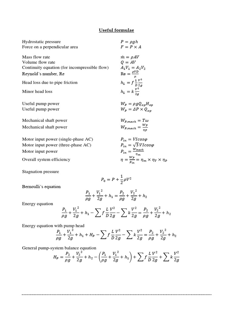 Useful+Formulae fluid dynamics | PDF | Fluid Dynamics | Mechanics
