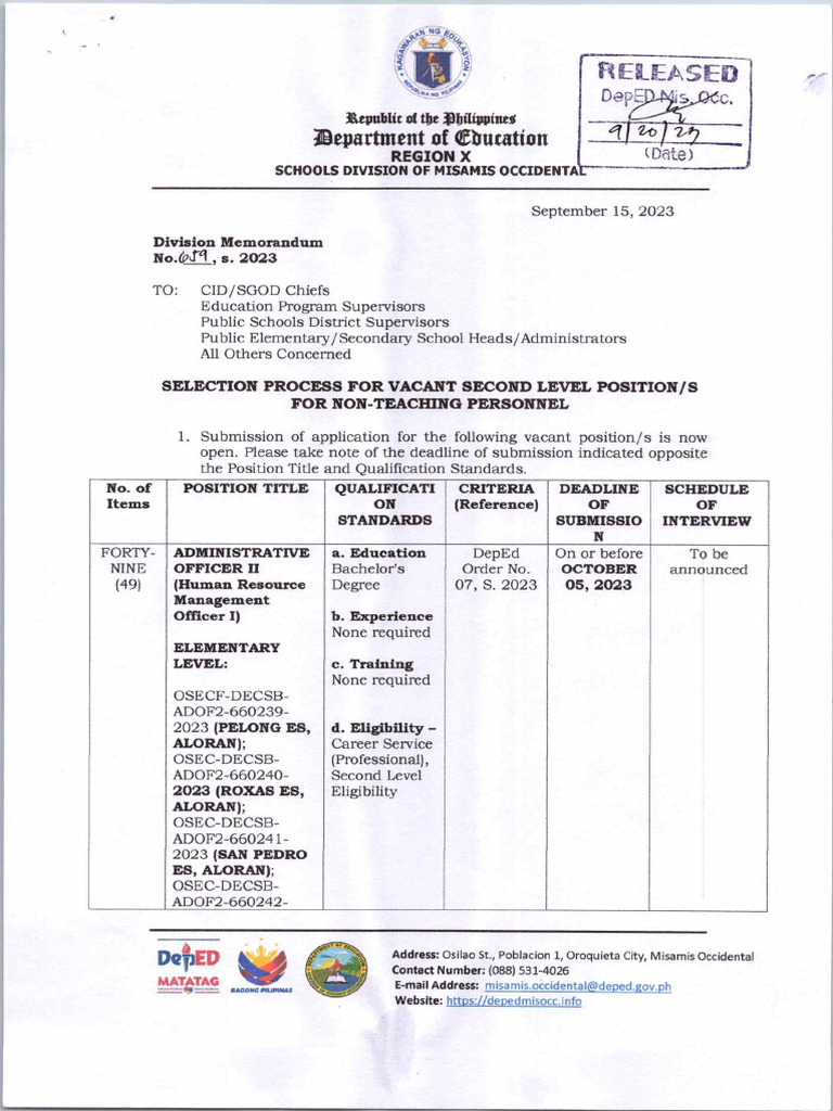 Deped Mis Occ Dm. 659 S. 2023 Selection Process For Vacant Second Level ...