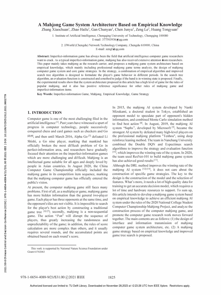 A Mahjong Game System Architecture Based On Empirical Knowledge | PDF | Artificial Intelligence ...