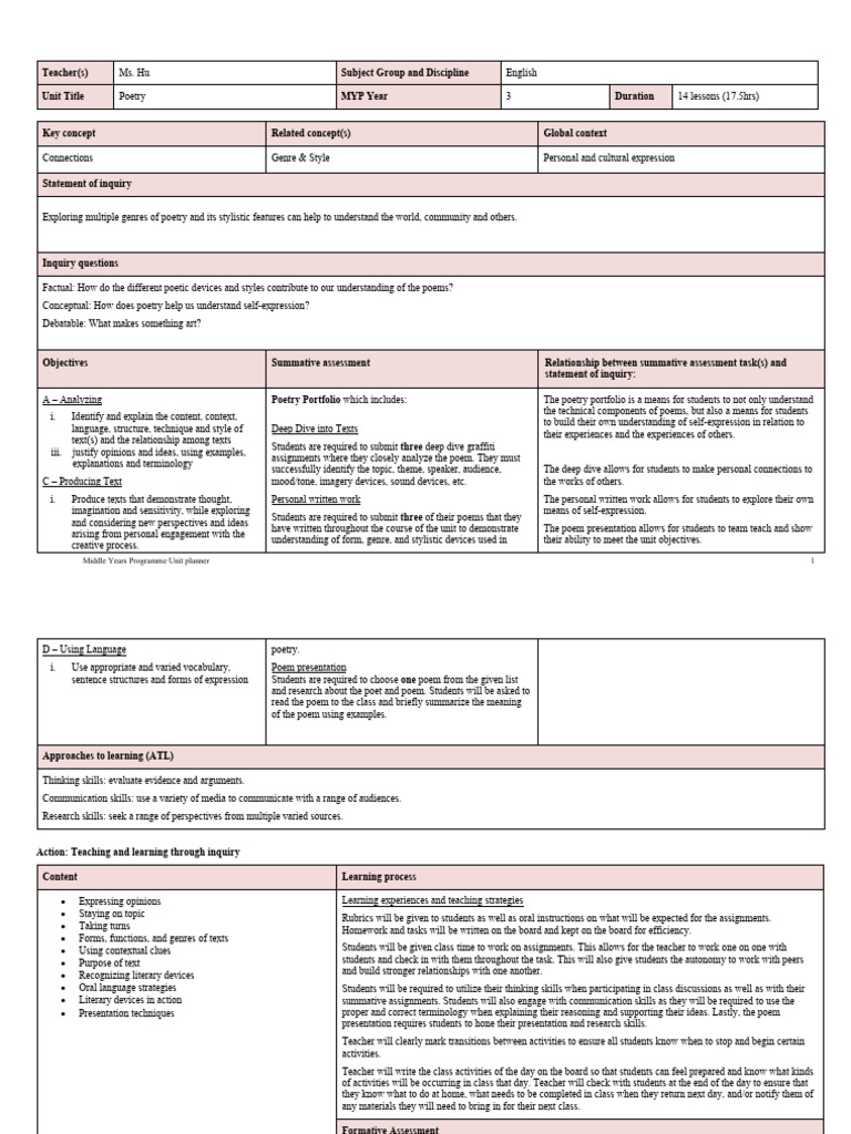 MYP Poetry Unit Plan Overview | PDF | Poetry | Thought