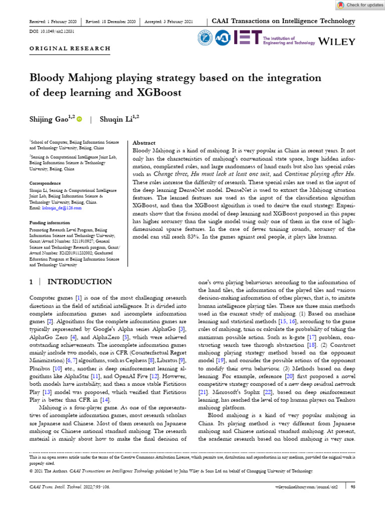 CAAI Trans On Intel Tech - 2021 - Gao - Bloody Mahjong Playing Strategy Based On The Integration ...