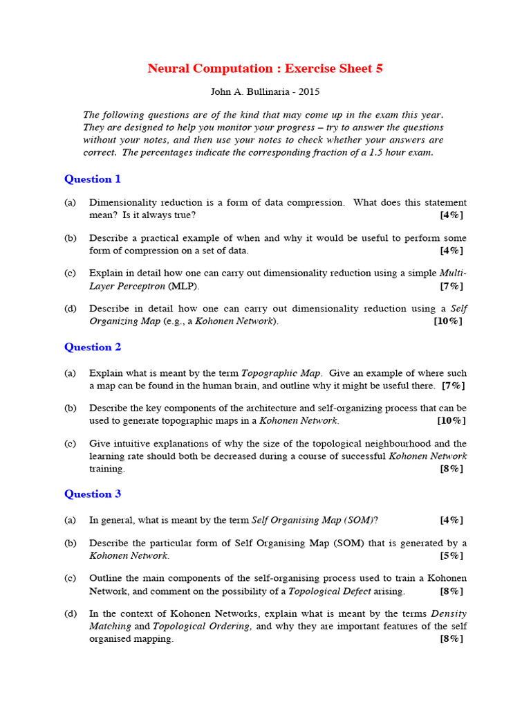 Neural Computation Exercise Sheet 5 Pdf Learning Cognitive Science