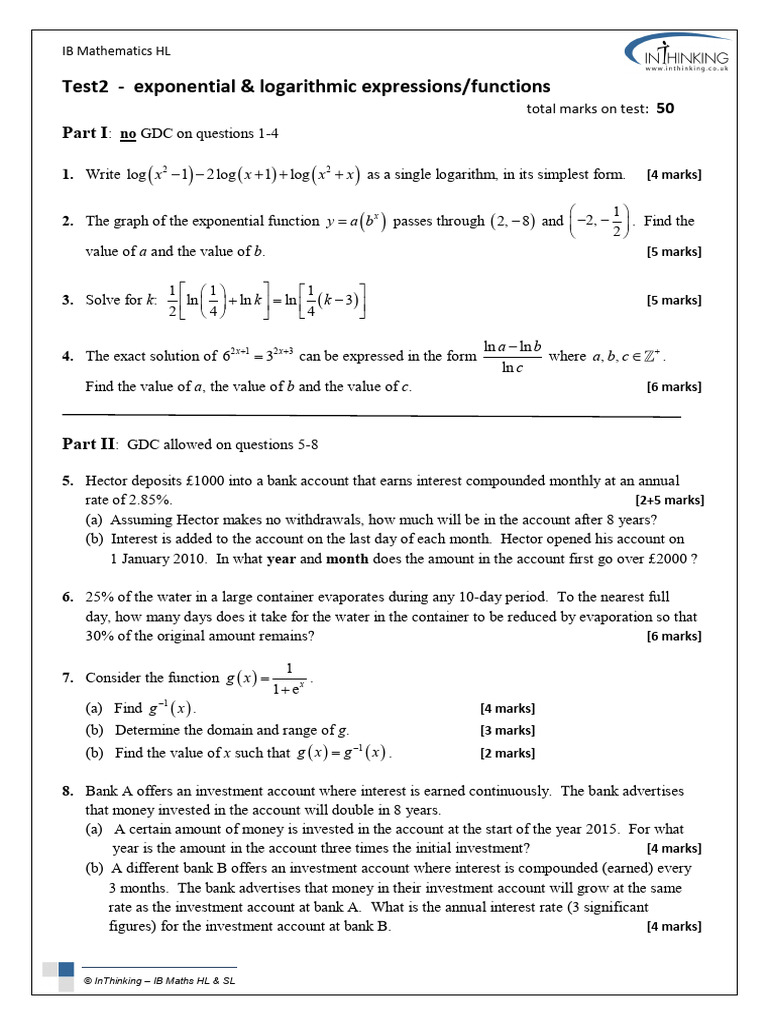 Test1 - HL - Exp - Log - Functns - v1 (ONE QUESTION MISSING) | PDF ...