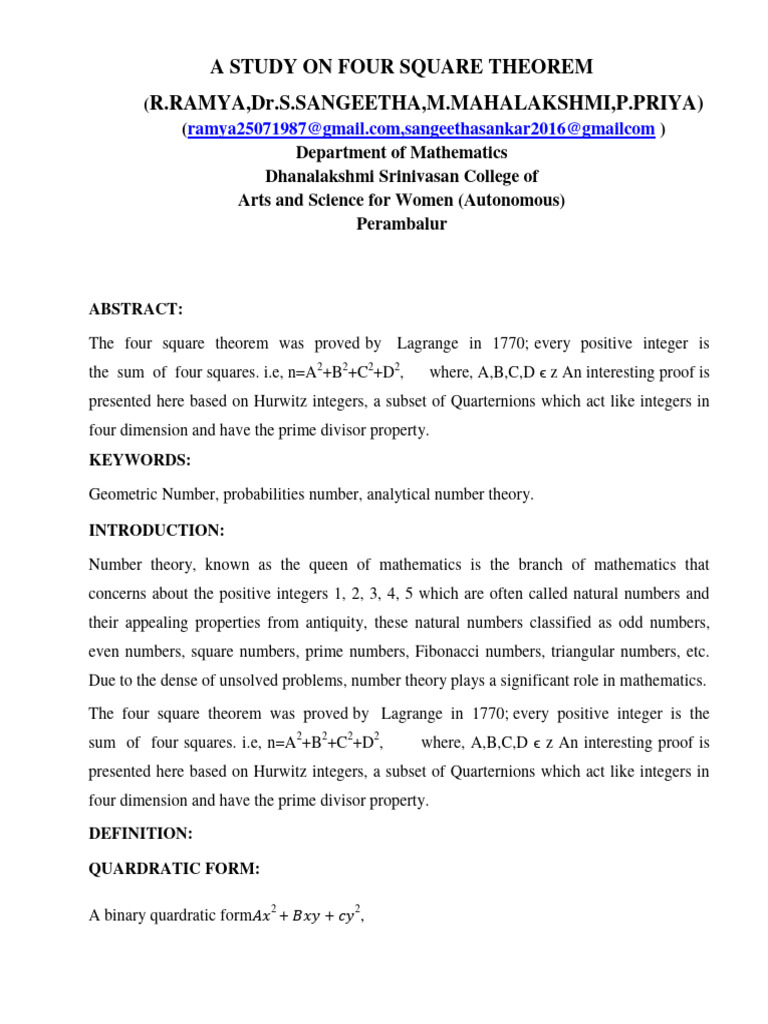 A Study On Four Square Theorem R.Ramya, Dr.S.Sangeetha, M.Mahalakshmi ...