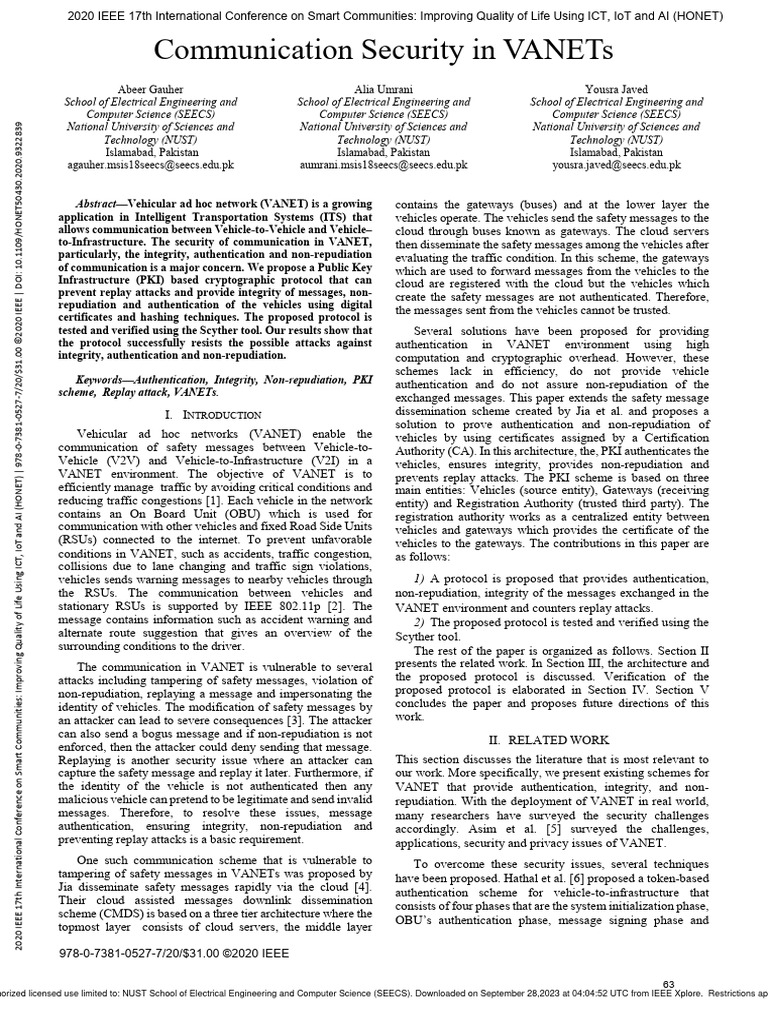 Communication Security in VANETs | PDF | Public Key Cryptography | Cryptography